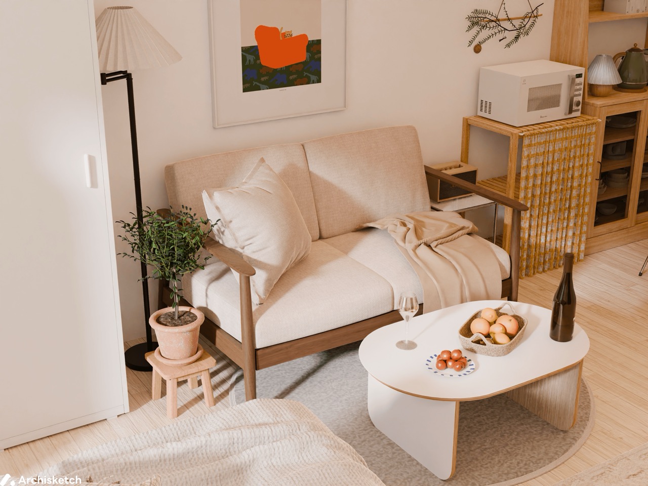🏡 좁아도 따뜻하게, 혼자 사는 우드톤 원룸의 정석 | AI · 3D인테리어, 아키스케치
